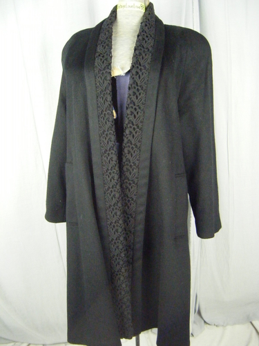 Vtg 60s Black Cashmere Wool Custom Made Lace Collar Swing Coat-Bust 42 ...