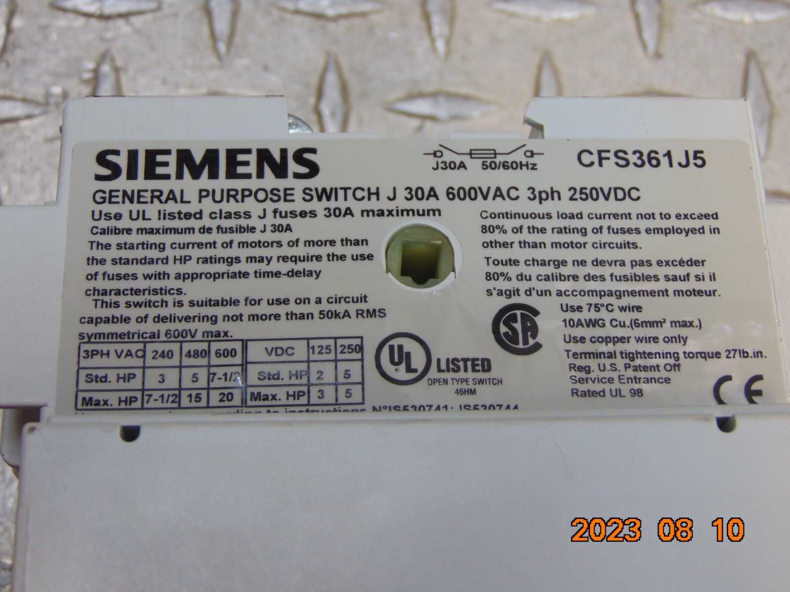 SIEMENS CFS361J5 30A 30 AMP 3-PHASE FUSIBLE DISCONNECT SWITCH | eBay