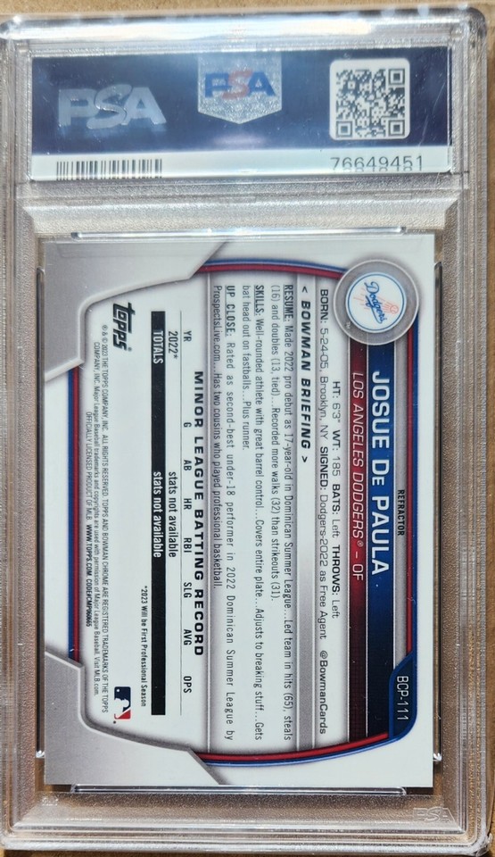 2023 Bowman Chrome BPC 111 Josue De Paula Lunar Glow REFRACTOR PSA 9 ...