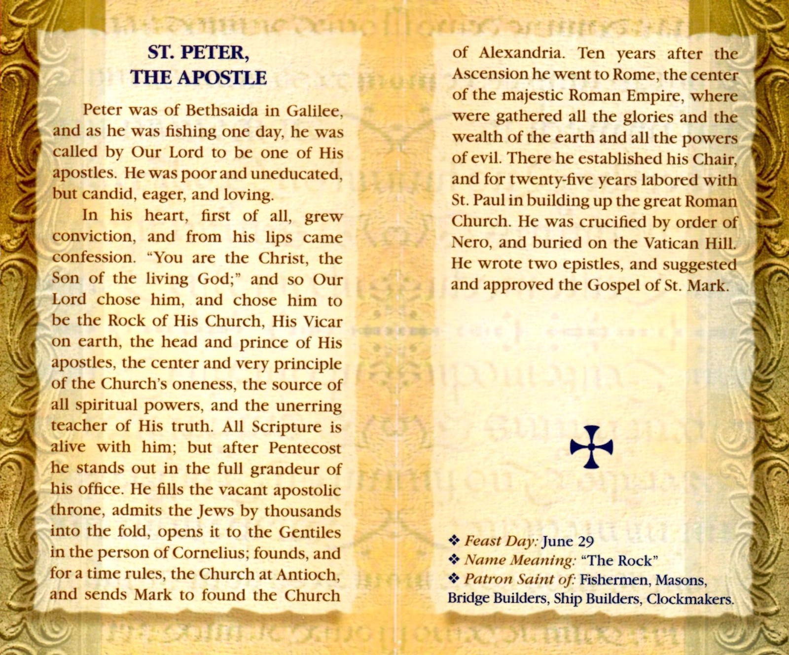 Saint St. Peter - Biography, prayer, Feast Day, etc... Folder Card ...