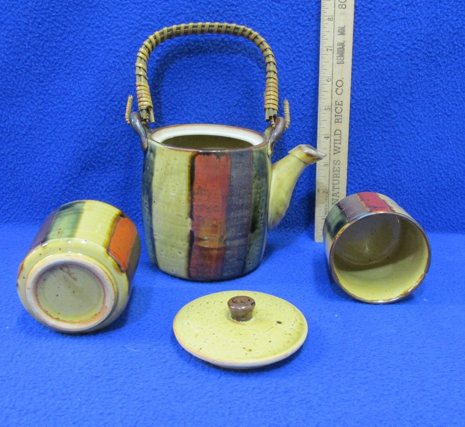 Ceramic Teapot & 2 Tea Cups Striped w/ Reed Wrap Handle On Pot Set Of 3 ...