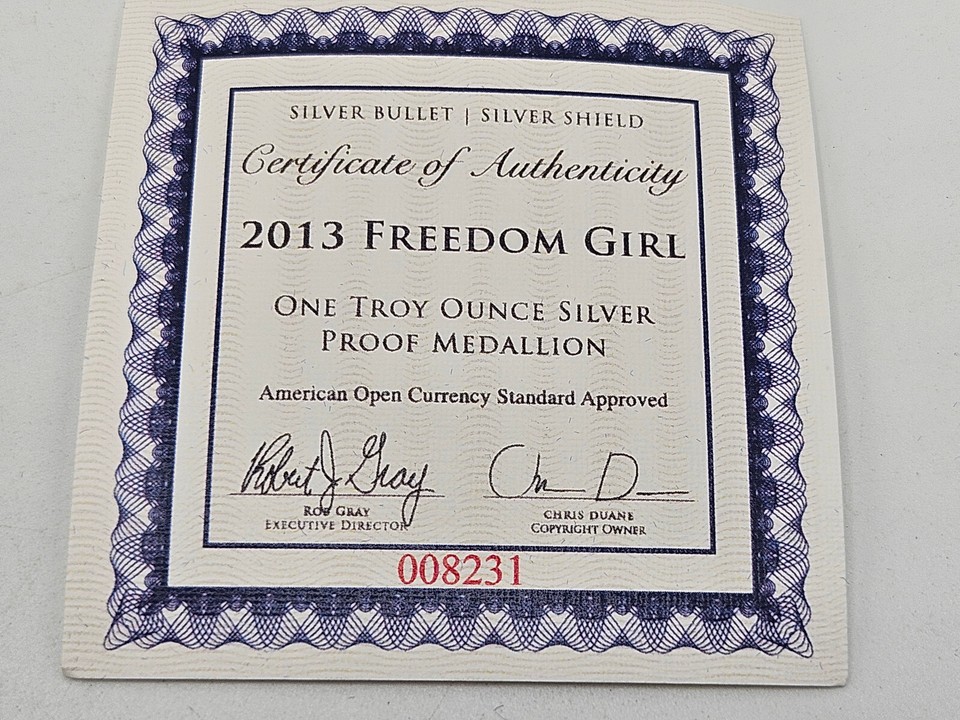 🌟 2013 FREEDOM GIRL PROOF Coin Silver Bullet Shield 1 Troy Oz .999 ...