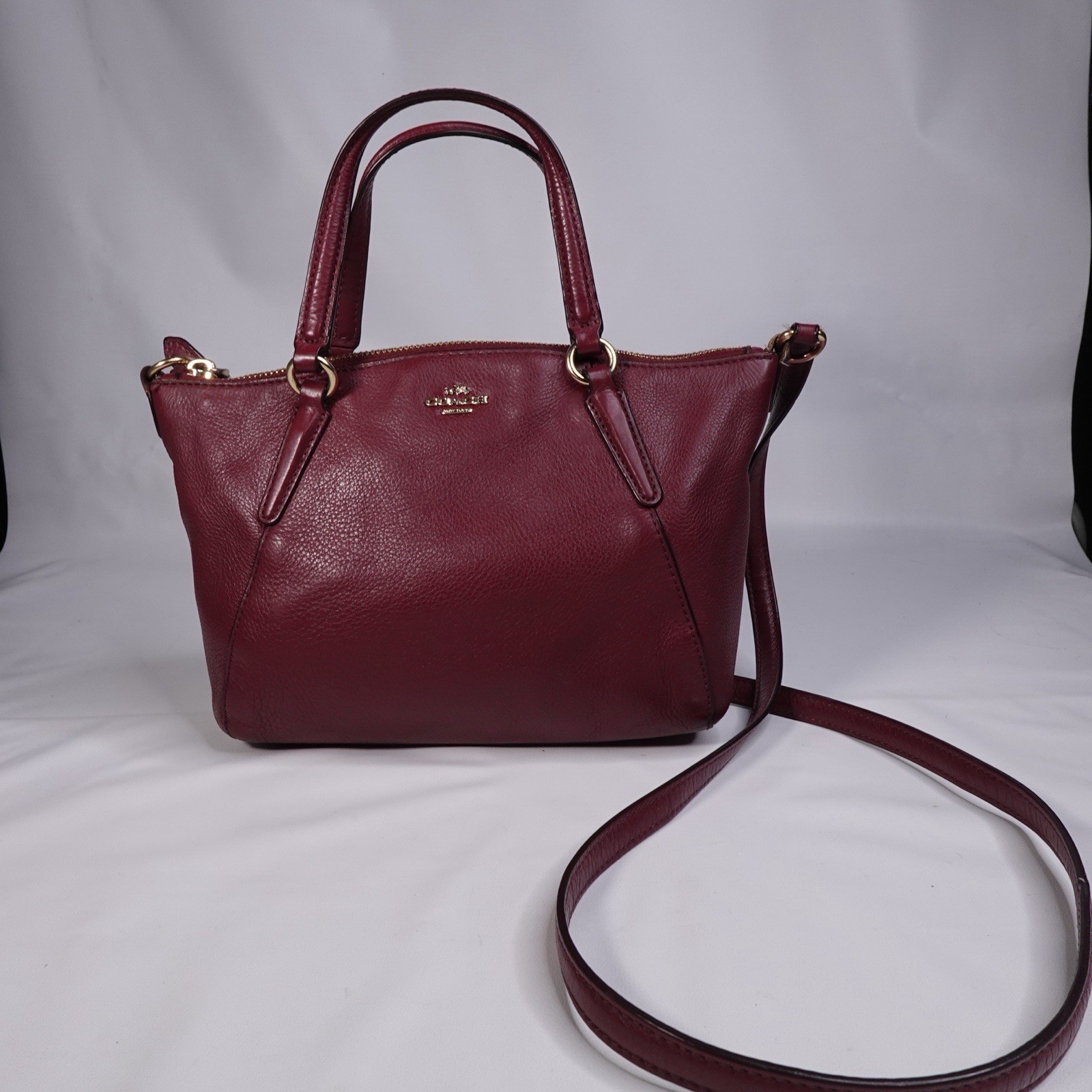 Coach Mini Kelsey Pebbled Leather Burgundy Satchel Crossbody Bag Purse ...