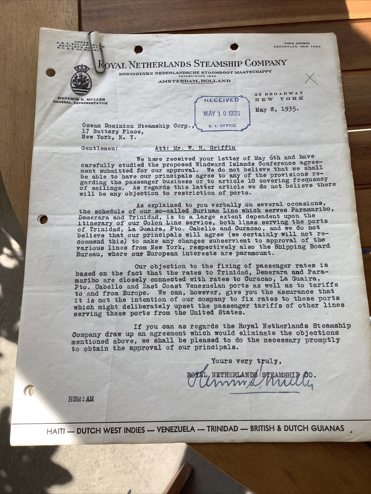 1935 Letter From Royal Netherland Steamship Company Windward Islands ...