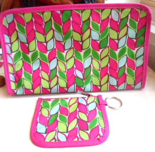 TRINA TURK FOR CLINIQUE PINK/GREEN LINED MAKEUP & CHANGE BAGS/KEY CHAIN ...