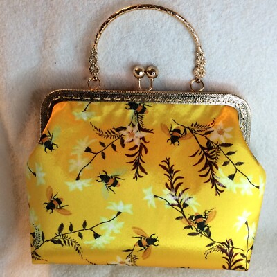 Off Park Collection Yellow Bee Print Fabric Gold Tone Clutch w chain ...
