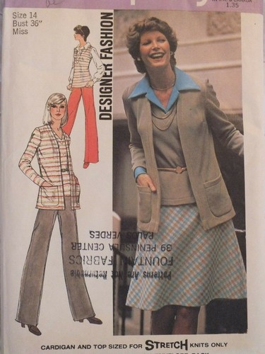 VTG 74 Designer SIMPLICITY 6516 MS Cardigan Top Pants & Bias Skirt ...