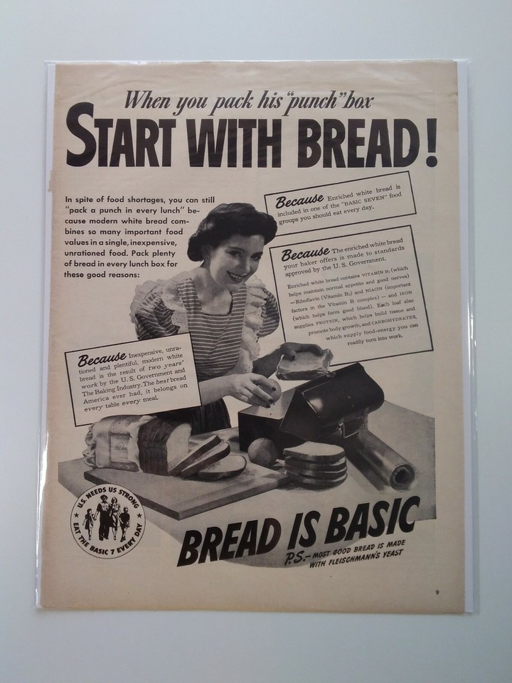 Bread Print Ad Original Vintage 1940s WW2 Lunch Box USA Fleischmann's ...