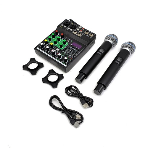 4 Channel Audio Mixer Bluetooth USB 2x Wireless Microphone Studio Sound ...