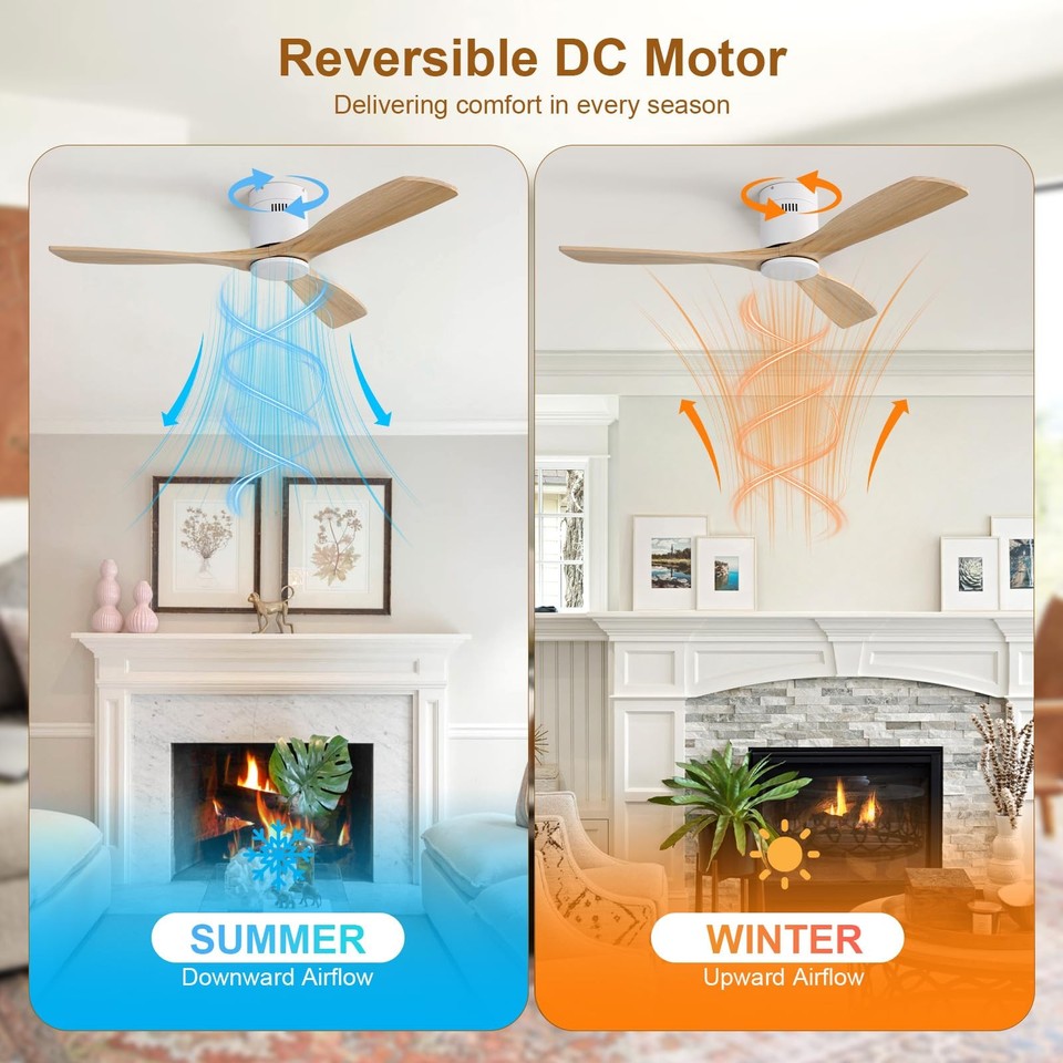 52 Inch Ceiling Fan No Light, Low Profile Flush Mount Modern Wood ...