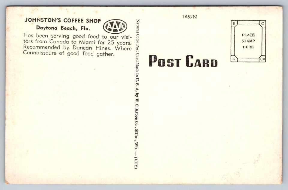 Vintage Johnston's Coffee Shop Daytona Beach FL Map Postcard 1687N | eBay