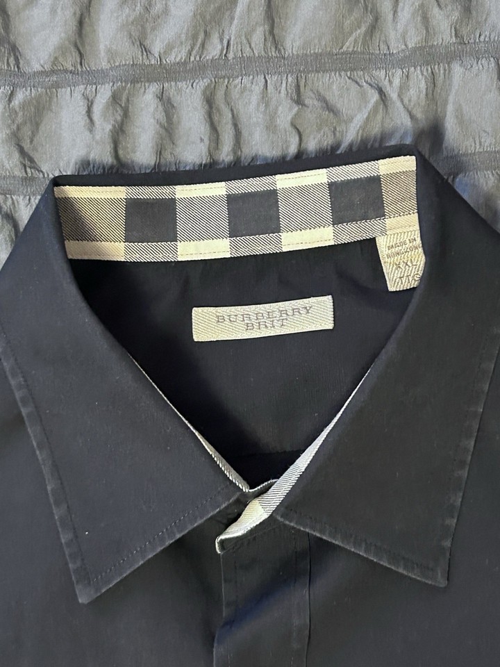 Burberry Brit Cotton Black Button-Down Shirt Nova Check Collar Cuff Men ...