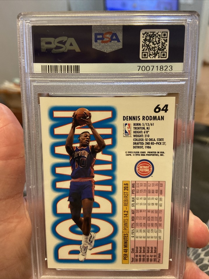 1993 Fleer #64 Dennis Rodman PSA MINT 9 Detroit Pistons Chicago Bulls ...