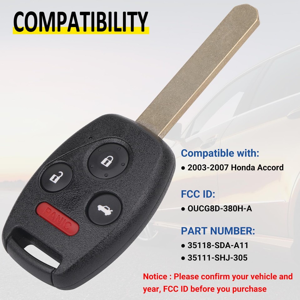 Keyless Entry Remote Control Uncut Car Ignition Key Fob Compatible with ...