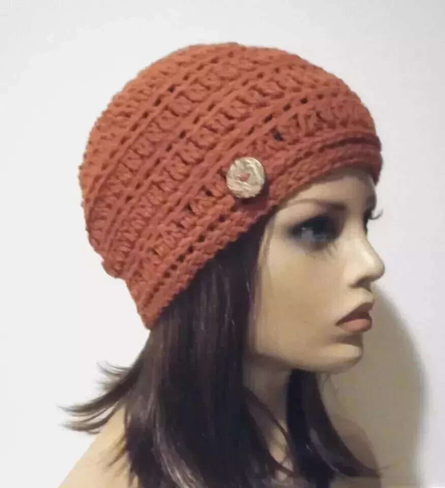 crochet handmade womans button hat beanie rusty umber clusters USA made ...