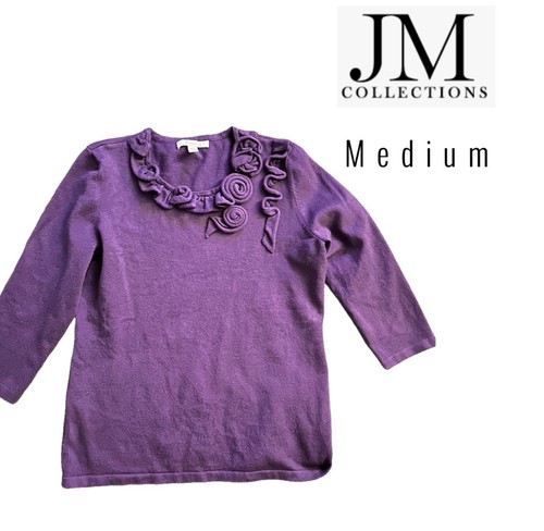 JM Collections Elegant Purple Knit Sweater, Floral Ruffled Neckline ...