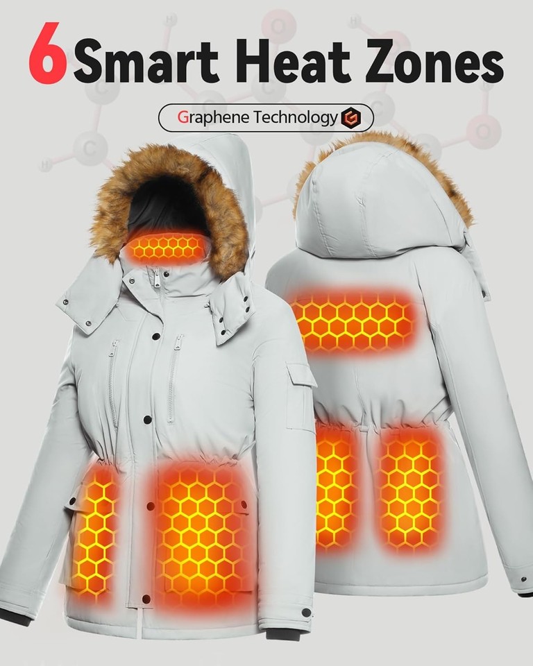Graphene Heated Jacket Women w/ Rechargeable Battery Pack Waterproof ...