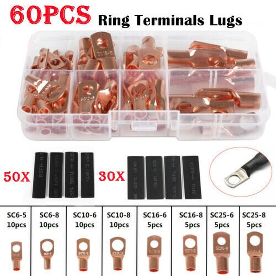 140PCS Copper Lugs Ring Terminals Bare Battery Welding Crimp Wire ...