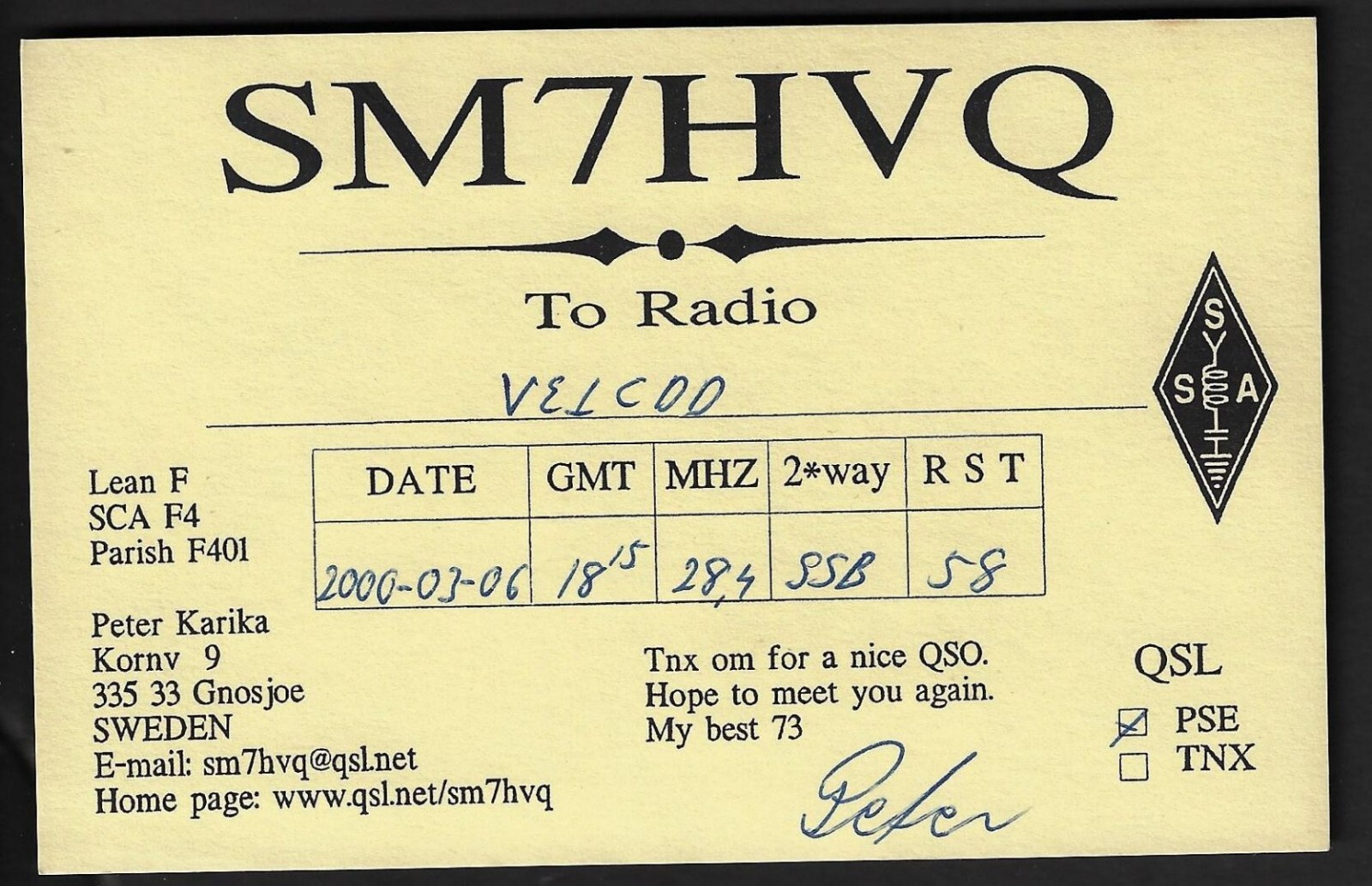QSL QSO Radio CARD"SM7HVQ,Peter Karika,2000",Sweden(Q5923) | eBay