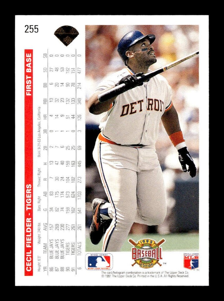 1992 Upper Deck #255 Cecil Fielder Detroit Tigers GEM-MT Baseball Card ...