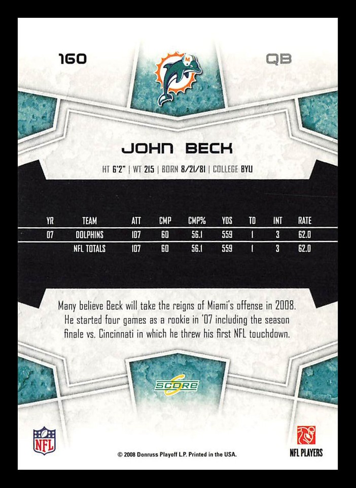 John Beck #160 2008 Score Miami Dolphins | eBay