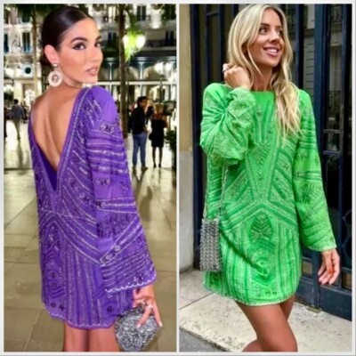 ZARA Limited Edition Beaded TUNIC Dress MINI WHITE or PURPLE V-Neck ...