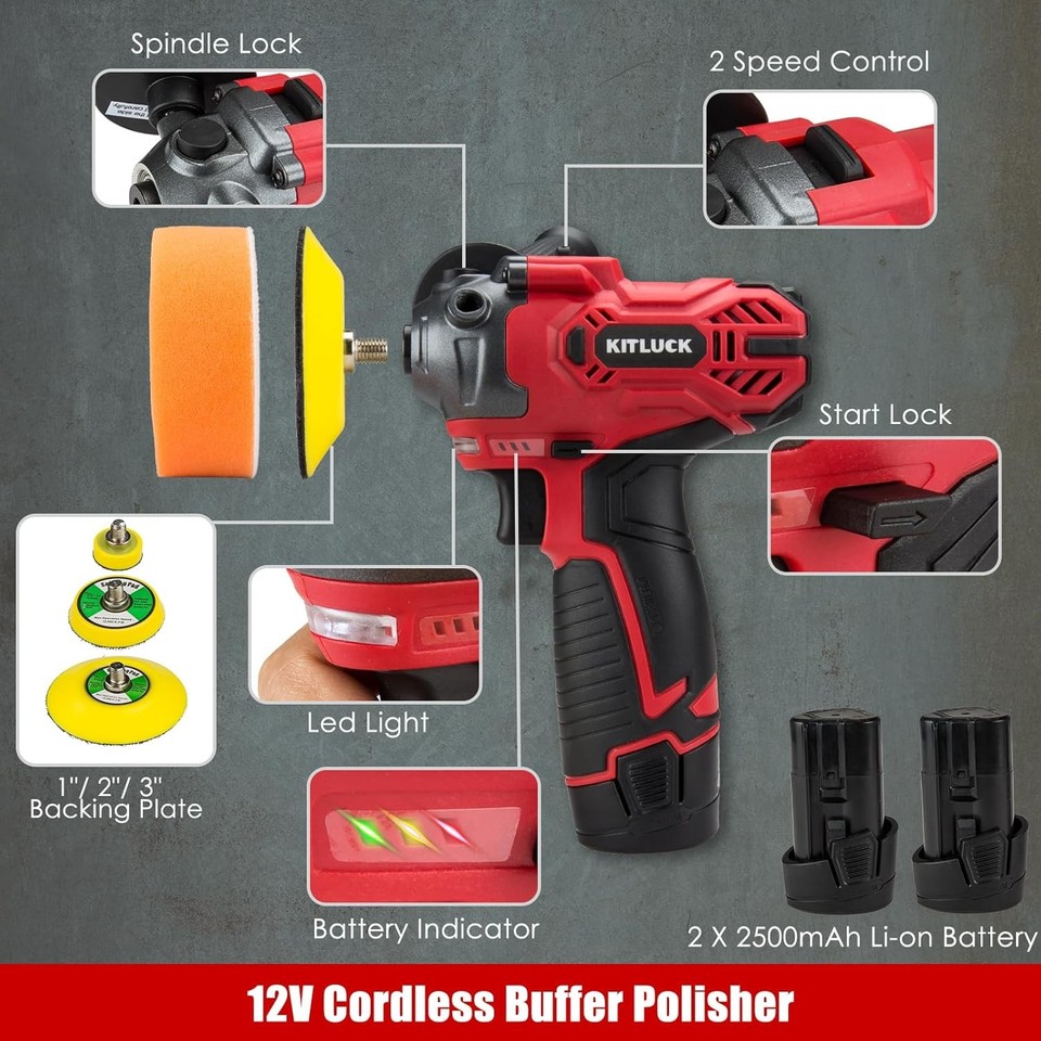 Cordless Buffer Polisher, 12V Mini Wax Buffer & Sander with 2 X 2.5Ah ...