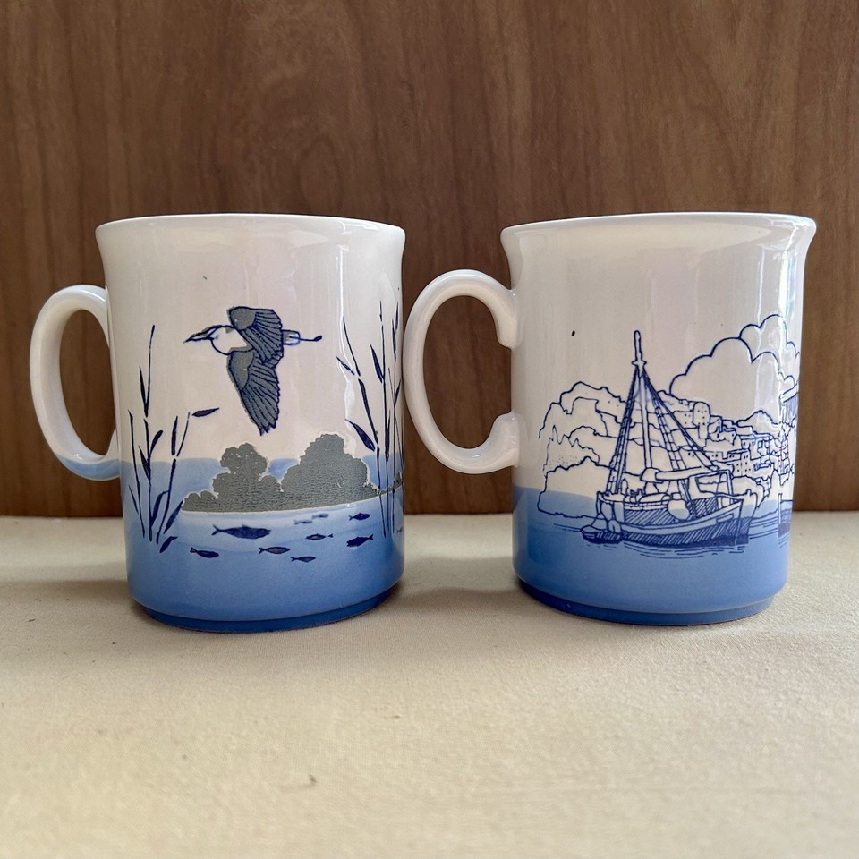 English Ironstone Tableware Mugs Blue and White Set of 2 Herons Boats | eBay