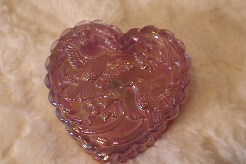 Fenton Hand Painted Pink Iridescent Heart Shaped Glass Trinket Box ...