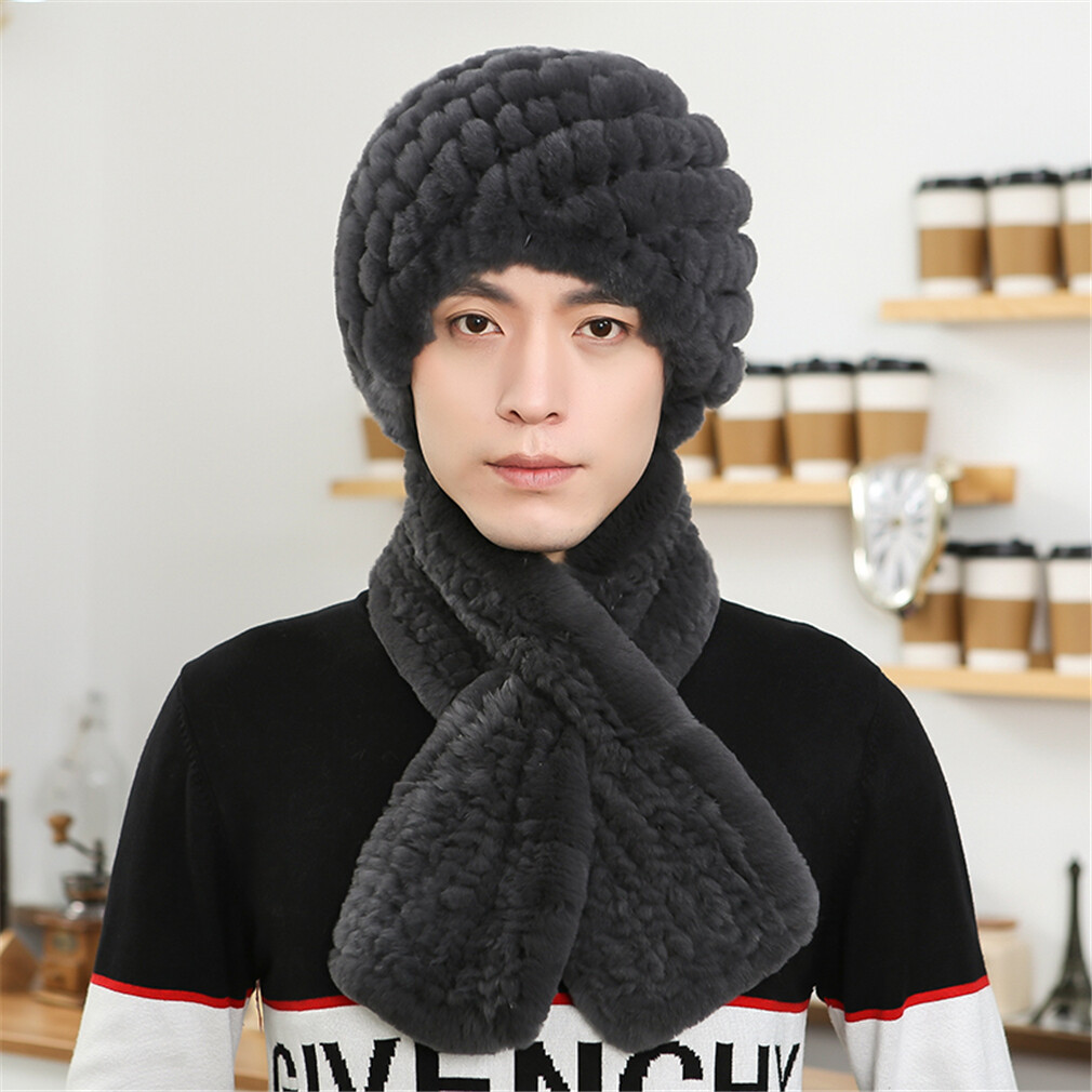 Men's Real Rabbit Fur Hat Scarf Thicken Winter Warm Knitted Cap Collar ...