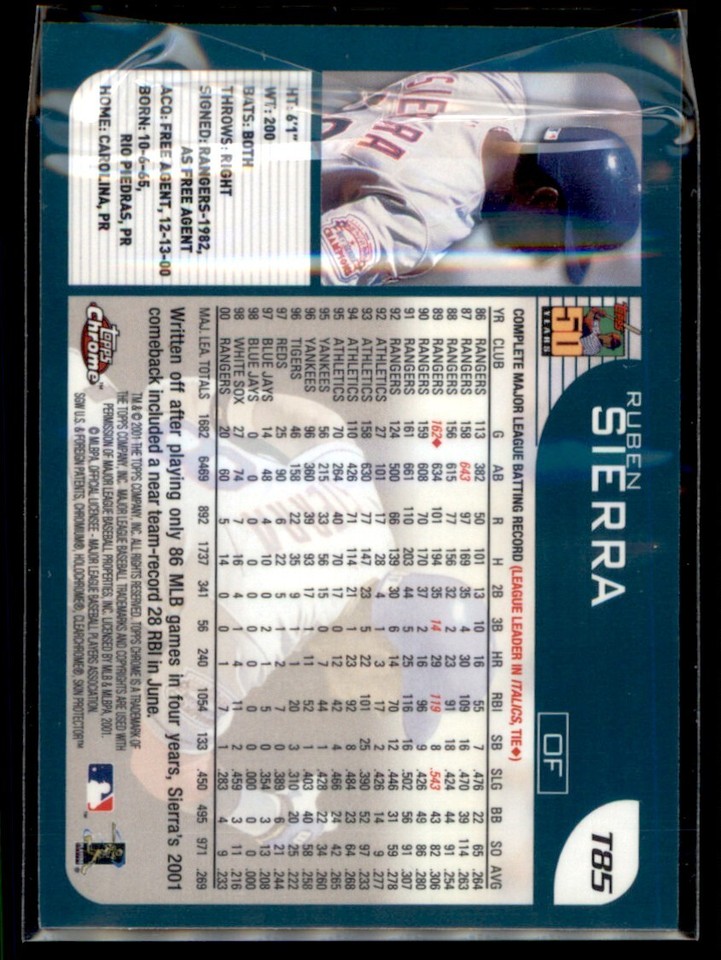 2001 TOPPS TRADED & ROOKIES CHROME RUBEN SIERRA TEXAS RANGERS #T85 | eBay