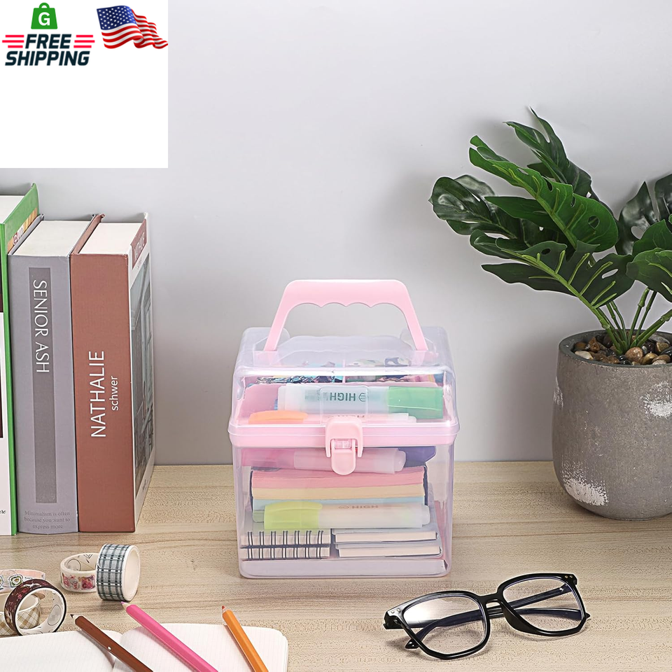 Plastic Craft Storage Box With Tray Lid Handle Stackable Pink | eBay UK