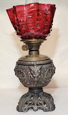 Victorian Gothic DEVIL & Lady Figural OIL LAMP Red Ruby Glass Hobnail ...