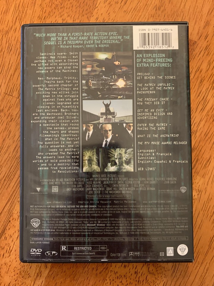 The Matrix Reloaded (DVD, 2003, 2-Disc Set, Full-Screen) 85392185122| eBay