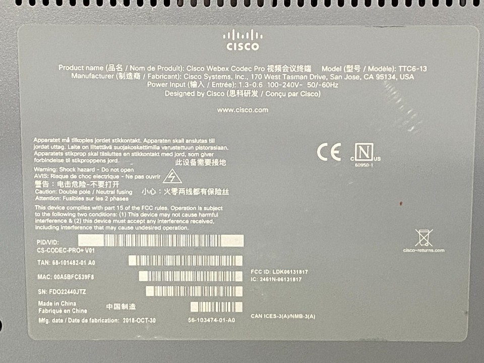 Cisco TTC6-13 Webex Codec Pro CS-CODEC-PRO+ V01 w/ Power Cord | eBay