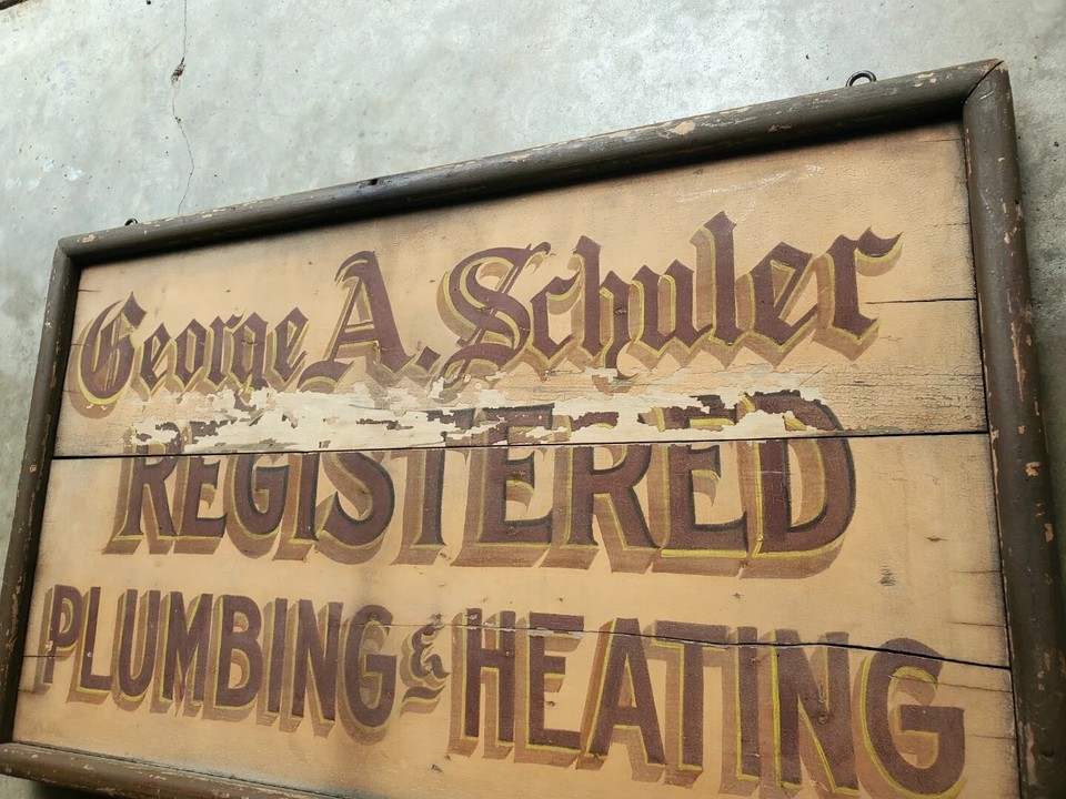 1890s DOUBLE-SIDED PAINTED WOOD PLUMBING & HEATING SIGN | eBay