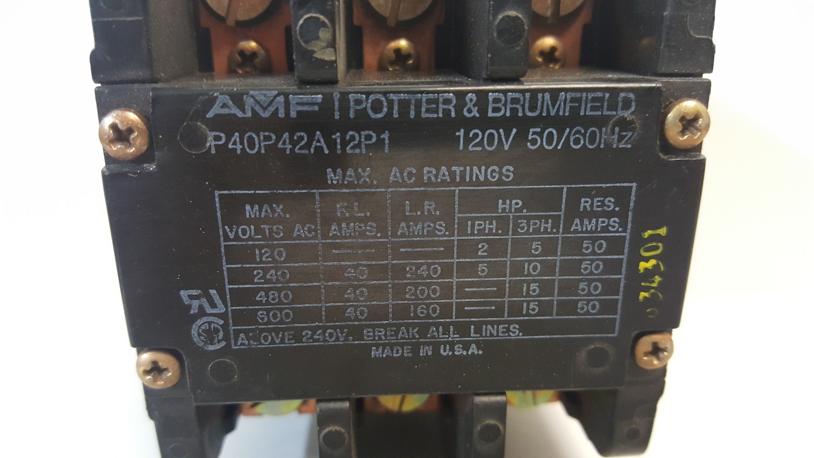 GUARANTEED GOOD USED! AMF POTTER & BRUMFIELD 120V CONTACTOR P40P42A12P1 ...