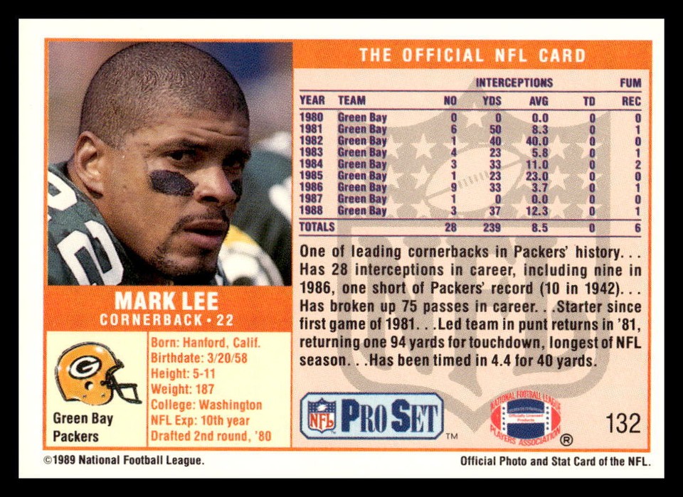 1989 Pro Set 132 Mark Lee Green Bay Packers Football Card | eBay