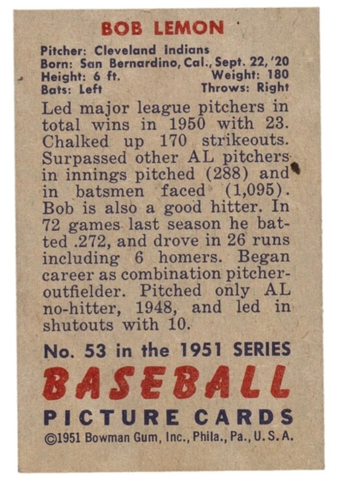 Bob Lemon Signed 1951 Bowman #53 Card Cleveland Indians HOF Auto ...