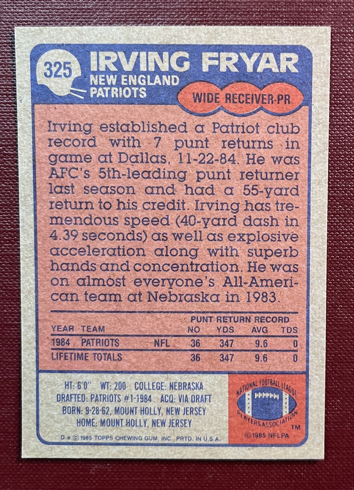 Irving Fryar 1985 Topps Rookie Card #325, EX (BIGJ’S) | eBay