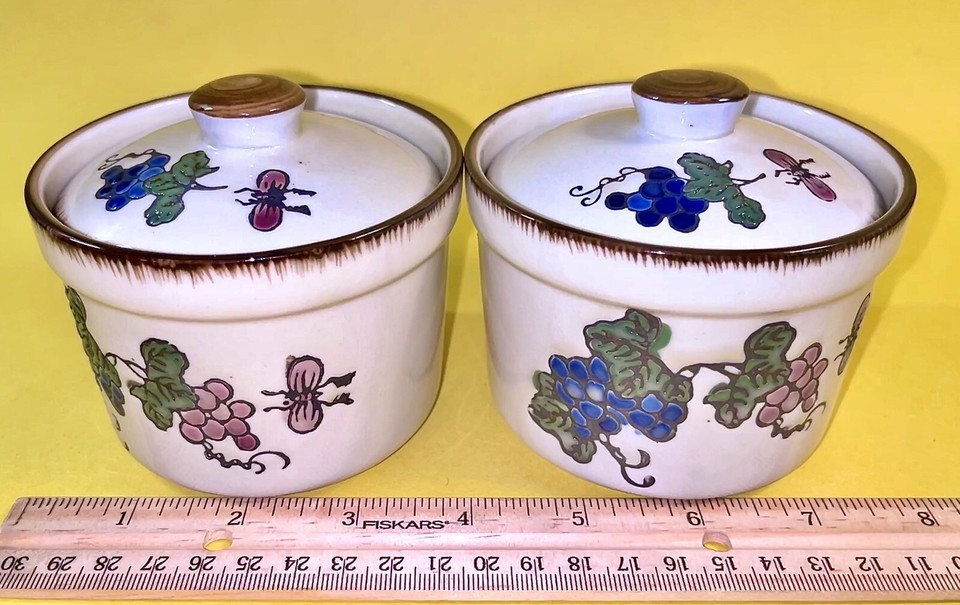 Set of 2 Vintage Mini Stoneware Crock with Lid Grape Vine & Bee Design ...