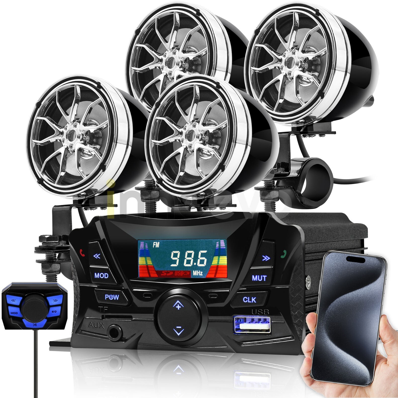 Motorcycle Bluetooth Wireless 4 Speakers Audio System Stereo MP3 ATV 4 ...