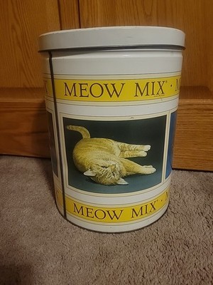Vintage MEOW MIX Cat Food Litho Tin LARGE Advertising Metal Storage ...