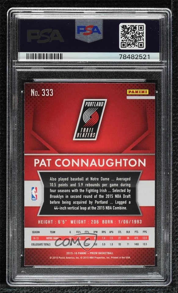 2015-16 Panini Prizm Rookies Pat Connaughton #333 PSA 9 MINT Rookie RC ...