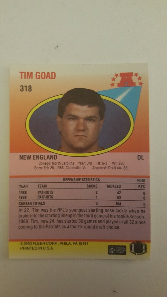 1990 Fleer #318 Tim Goad New England Patriots RC Rookie Football Card ...