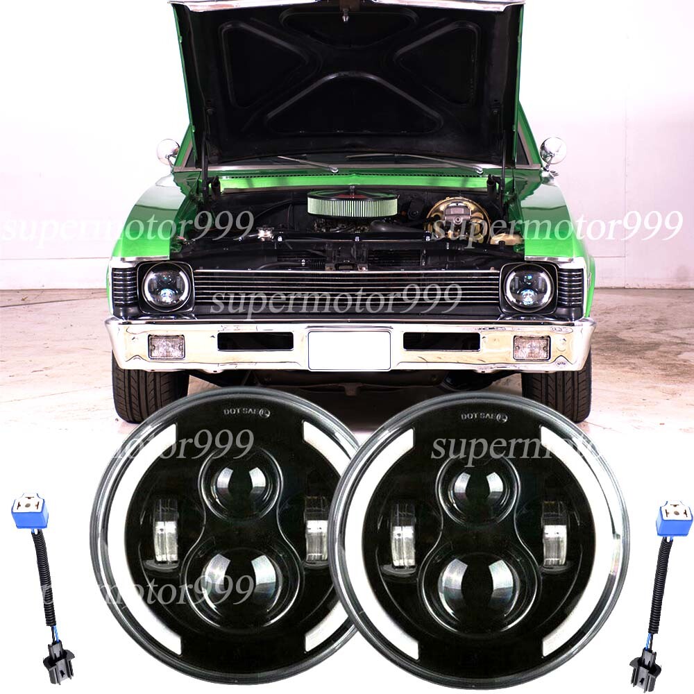 Pair 7'' inch Round LED Headlights Halo DRL Light fit Chevy C10 C20 ...