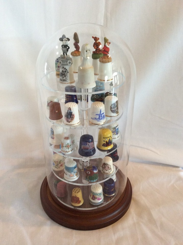 42 Thimble Glass Dome with W/ Walnut Base (no thimbles included) 5.5x11 ...