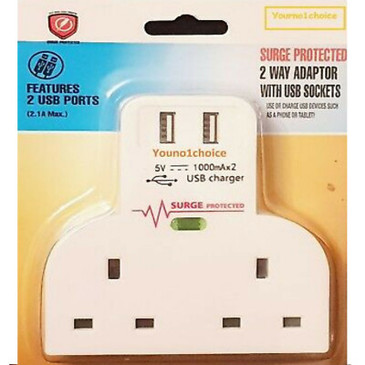 SURGE PROTECTED 2 WAY GANG SOCKET ADAPTOR DUAL USB CHARGE PORT UK 3 ...