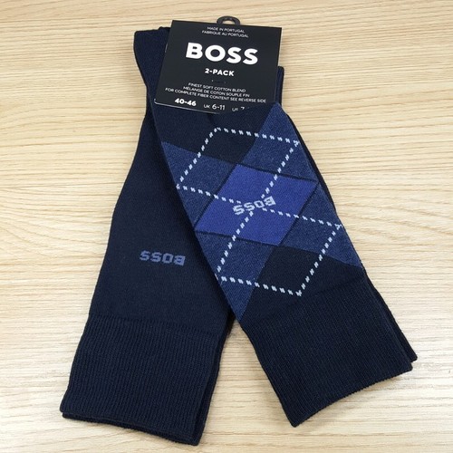 HUGO BOSS Crew Dress Socks Mens 7-13 Navy Argyle Solid 2-Pack Logo ...