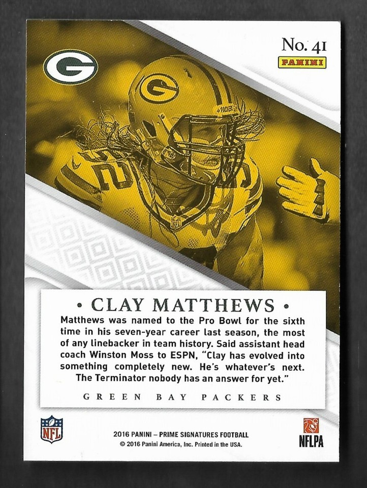 CLAY MATTHEWS 2016 PANINI PRIME SIGNATURES FOOTBALL INSERT CARD #41 ...